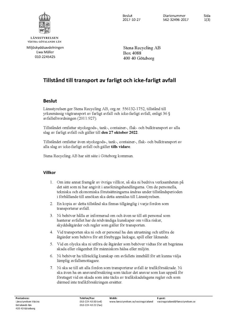 Tillstånd för transport av farligt avfall - Recaremed